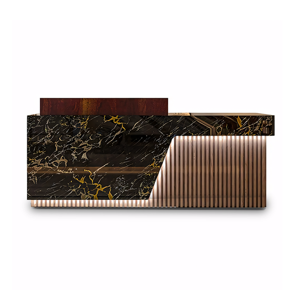 Executive Reception Desk – Black Marble & Fluted Wood with LED Accents ...
