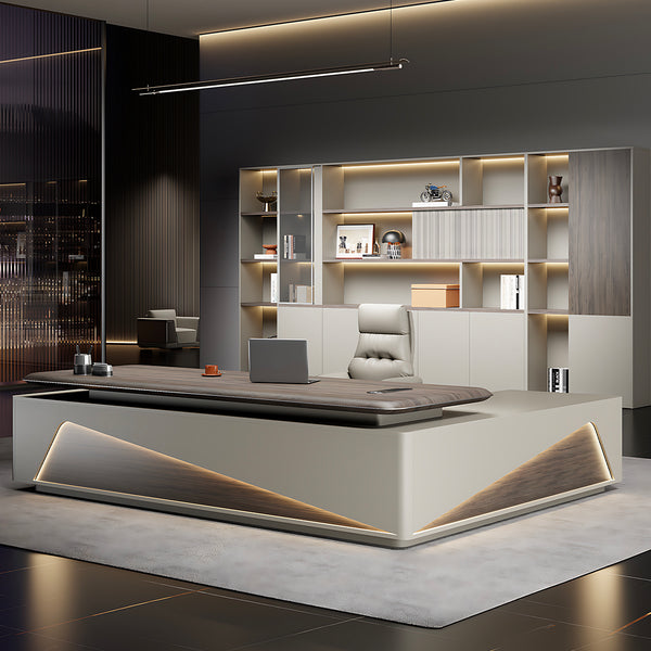 L-Shaped Executive Desk 21–118 in Wide with File Drawers, LED Accent L ...