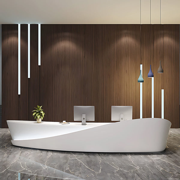 Minimalist Contemporary All-White Reception Desk with Unique Curved De ...